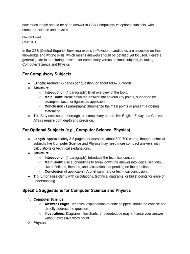 CSS Exam Answer Length Guide | PDF | Science | Computer Science
