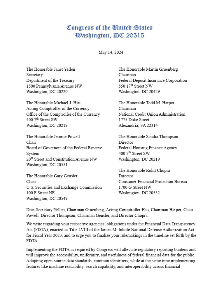 2024-05-14 Fdta Implementation Letter | PDF | Janet Yellen | Office Of ...