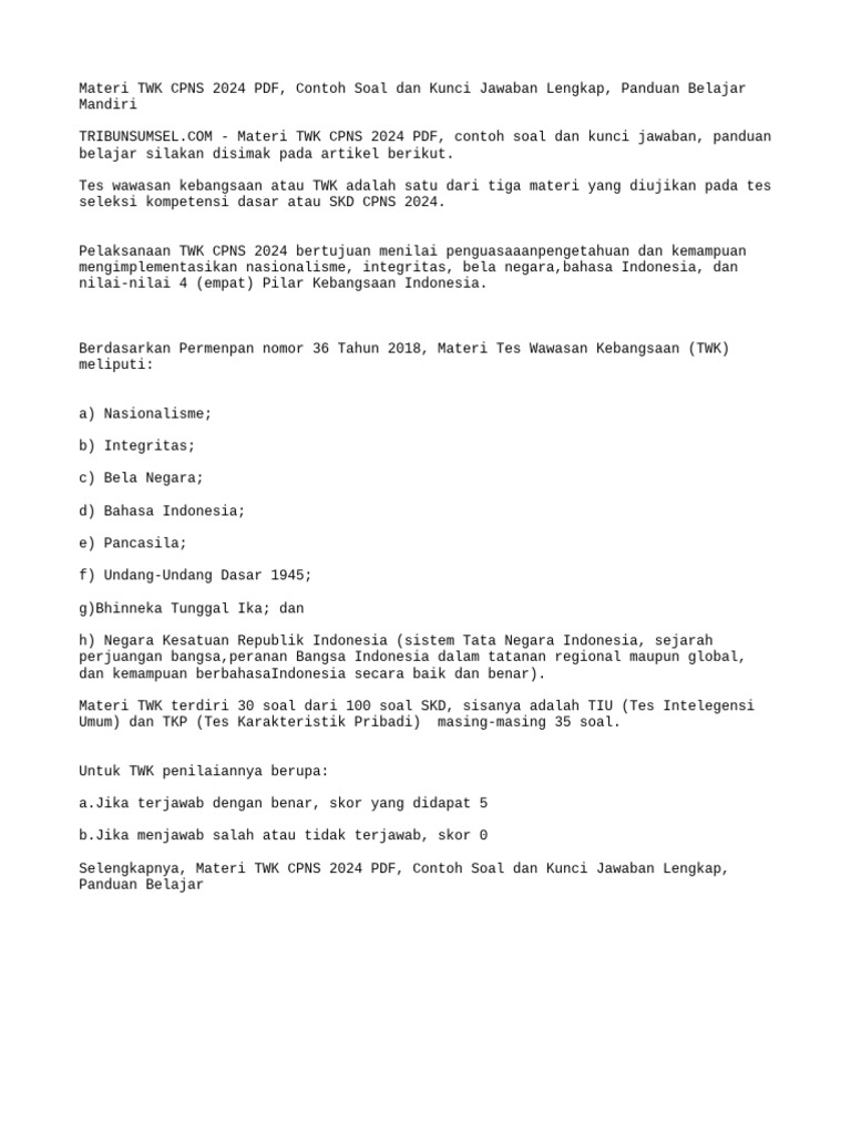 Contoh Soal Dan Materi TWK CPNS 2024 | PDF | Karier & Perkembangan | Ilmu Sosial