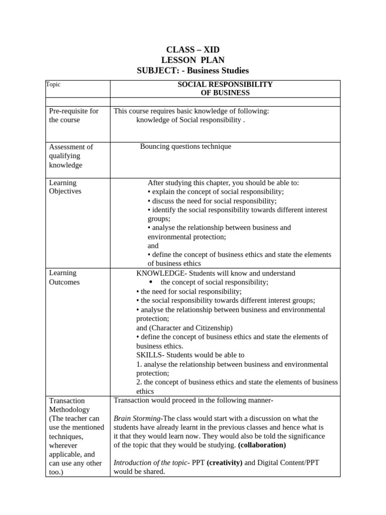 SR Lesson Plan | PDF | Business Ethics | Lesson Plan