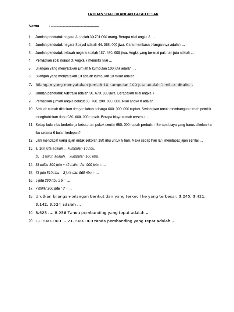 Latihan Soal Bilangan Cacah Besar | PDF | Perjalanan | Kajian Bahasa Asing