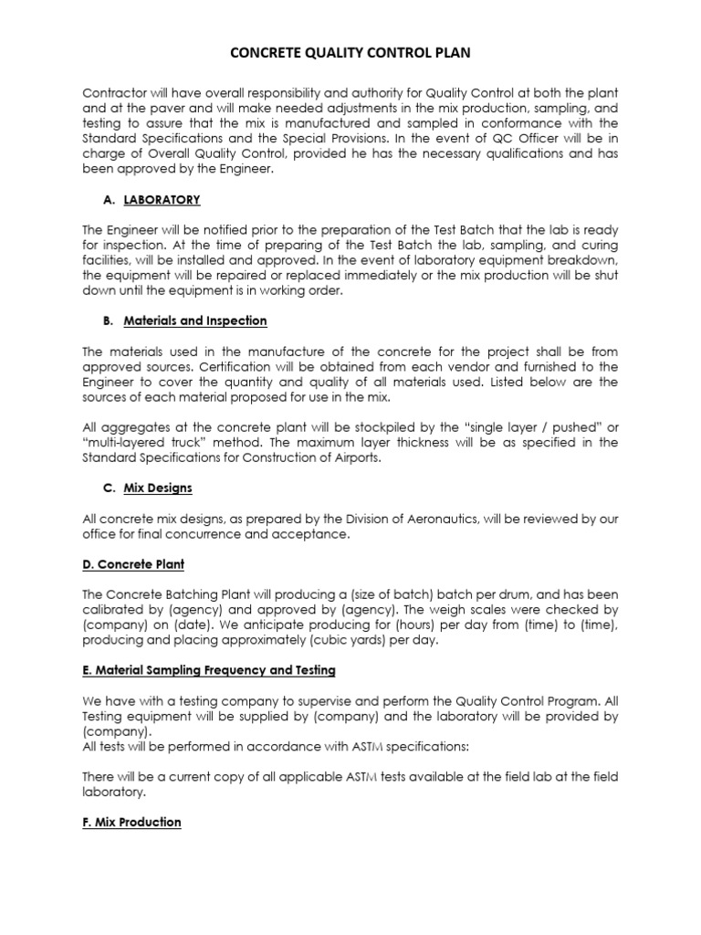 Concrete Quality Control Plan | PDF | Concrete