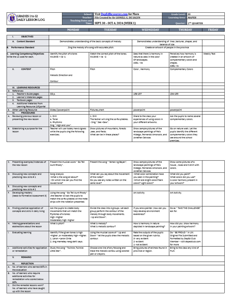 DLL - Mapeh 3 - Q2 - W1 | PDF | Paintings | Harmony