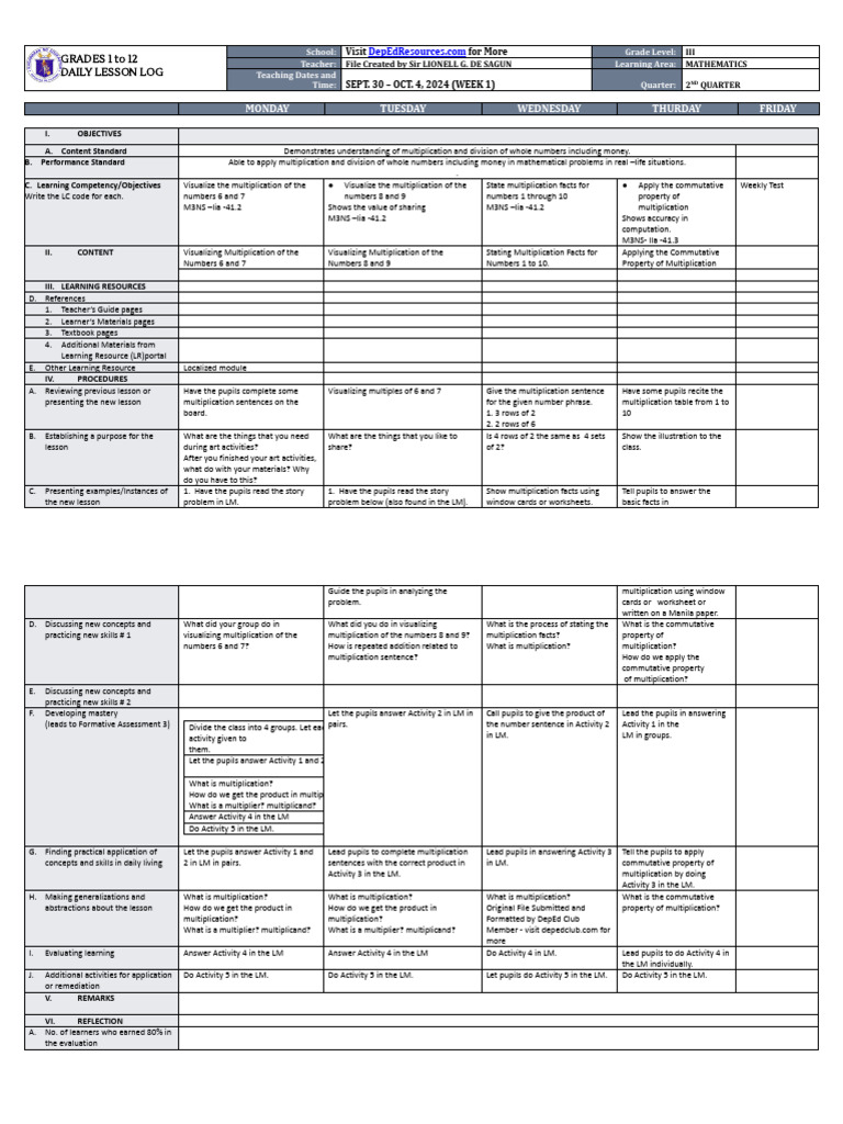 DLL Mathematics 3 q2 w1 | PDF | Multiplication | Learning