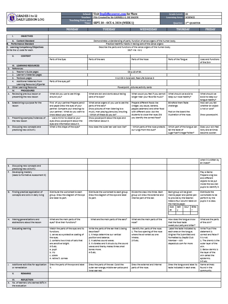 DLL - Science 3 - Q2 - W1 | PDF | Taste