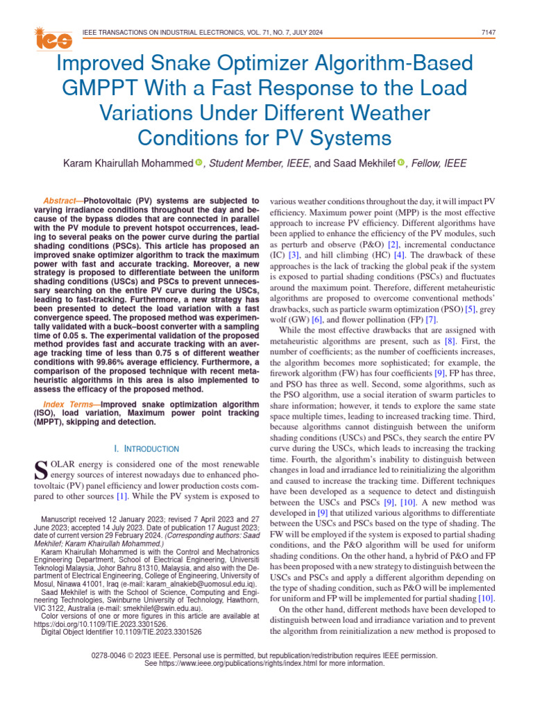 Improved Snake Optimizer Algorithm-Based GMPPT With A Fast Response To The Load Variations Under ...
