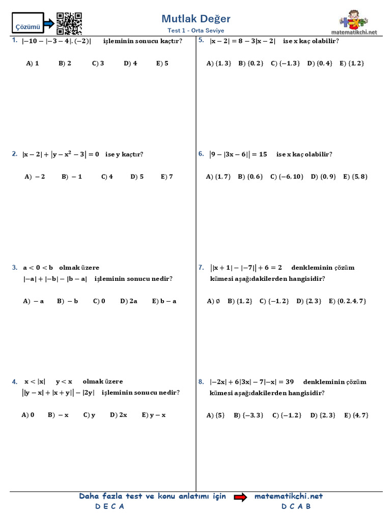 Mutlak Değer Test 1 O | PDF