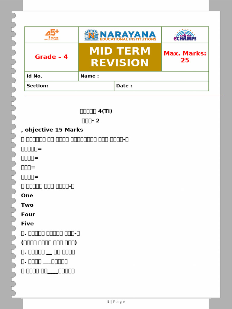 GRADE 4 tl hindi MID TERM REVISION | PDF
