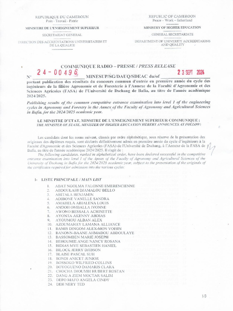 Résultats Concours Commun D'entrée en 1ère A Cycle Des Ingenieurs-Agronomie Foresterie Annexe ...