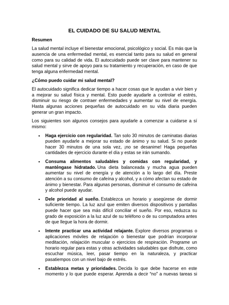 Consejos para Cuidar la Salud Mental | PDF | Salud mental | Sicología