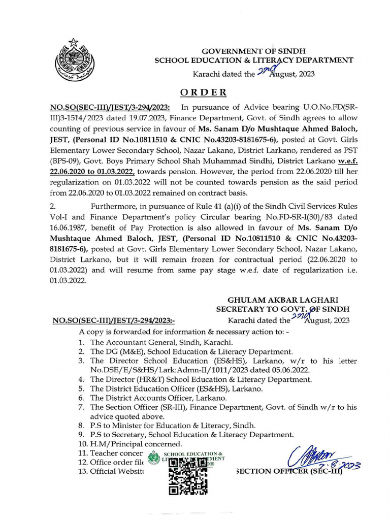 Order For Pay Protection in Respect of Ms. Sanam Do Mushtaque Ahmed ...