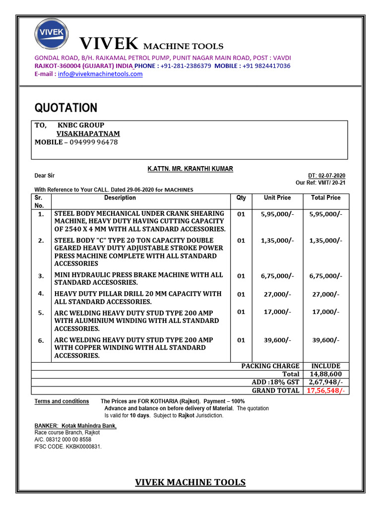 Industrial Machinery Quotation | PDF | Machines | Secondary Sector Of The Economy