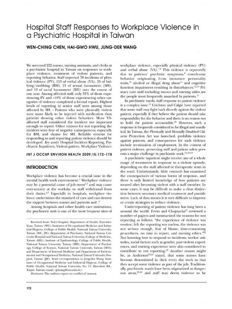Hospital Staff Responses To Workplace Violence in A Psychiatric ...