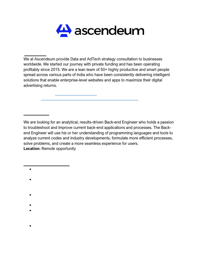 JD - Backend Engineer - Ascendeum | PDF