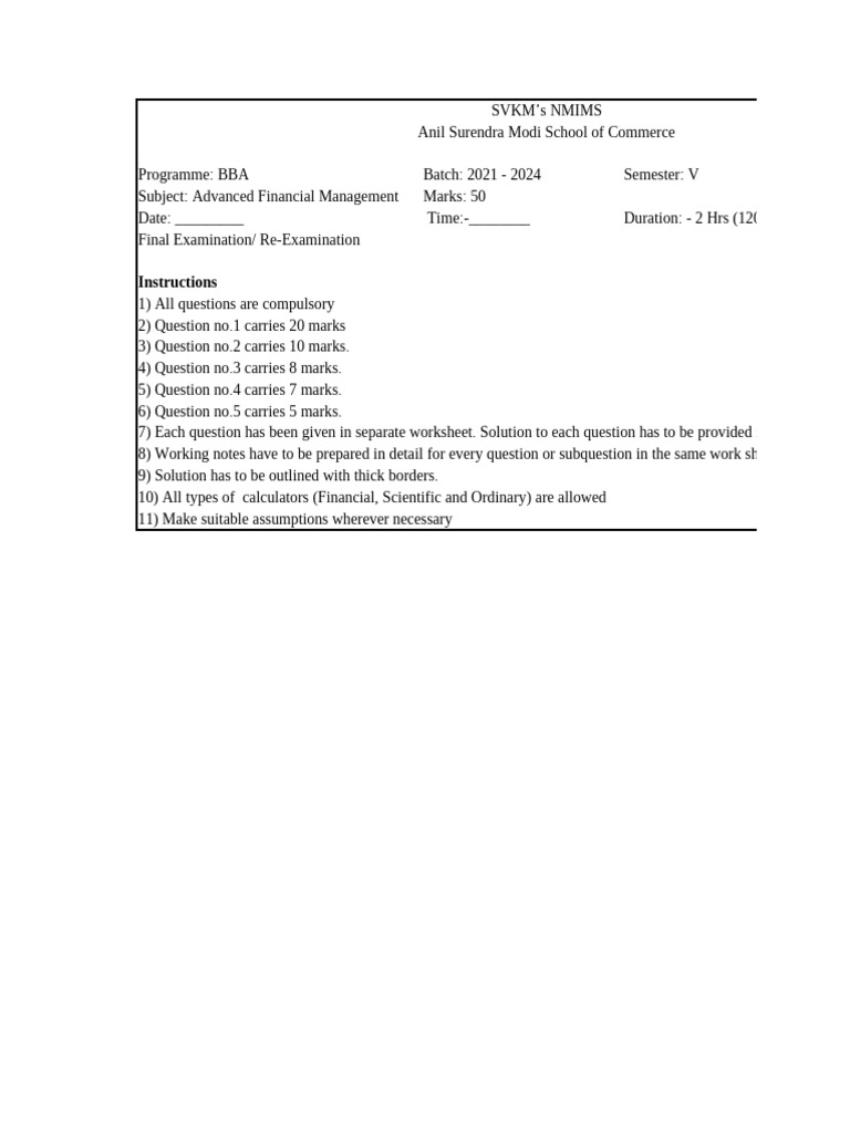 Advanced Financial Management SET I - Question Paper 11AfDOmie1 | PDF ...