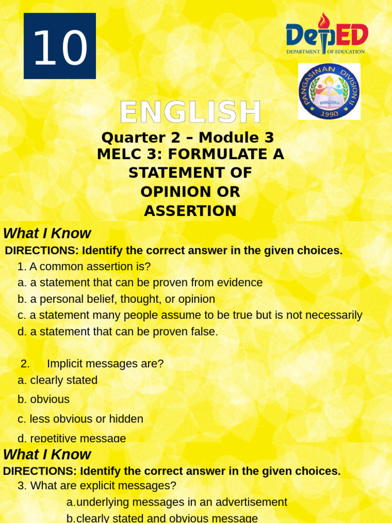 English G10 Q2 Module 3 | PDF | Evidence | Opinion