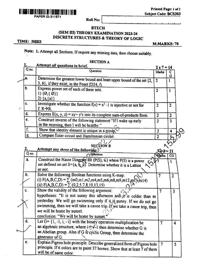 Btech Cs 3 Sem Discrete Structures and Theory of Logic Bcs303 Mar 2024 | PDF
