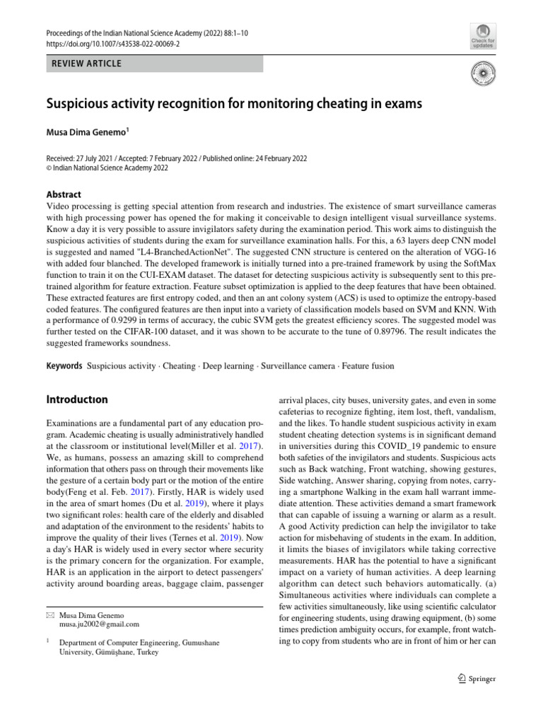Suspicious Activity Recognition For Monitoring Cheating in 1thcpiyo ...