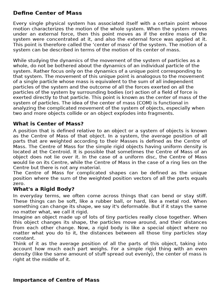 Center of Mass Short Notes | PDF | Center Of Mass | Mass