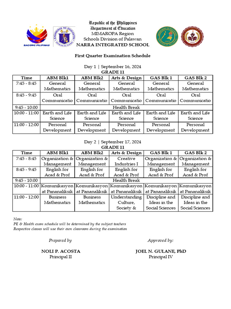 1st Quarter Exam Schedule Grade 11 | PDF | Science