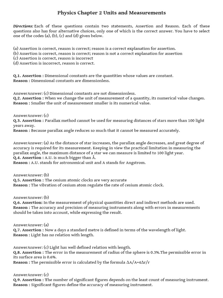 Assertion and Reasoning Units and Measurements | PDF | Significant Figures | Measurement