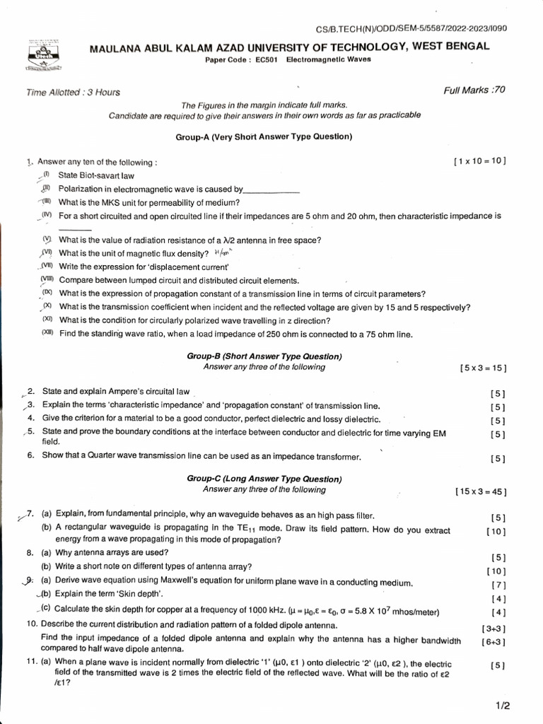 5th Sem Ece Electromagnetic Waves Ec501 Makaut 2022 Qs Achaa Paper ...