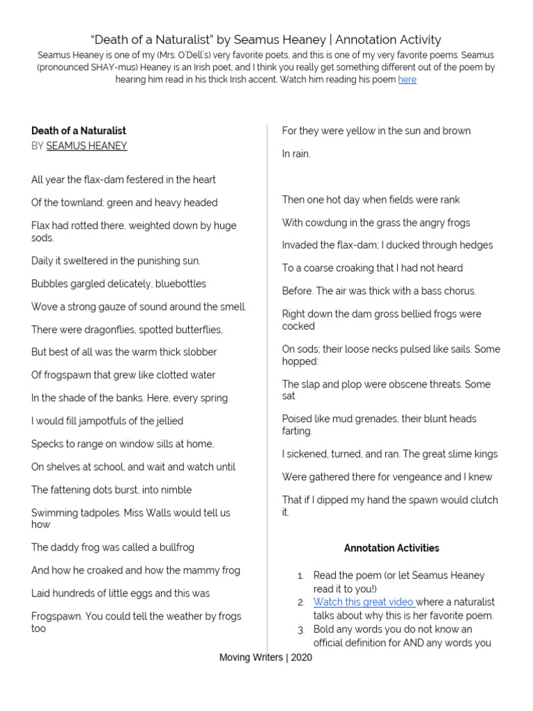 Death of A Naturalist - by Seamus Heaney | PDF | Frog | Amphibian