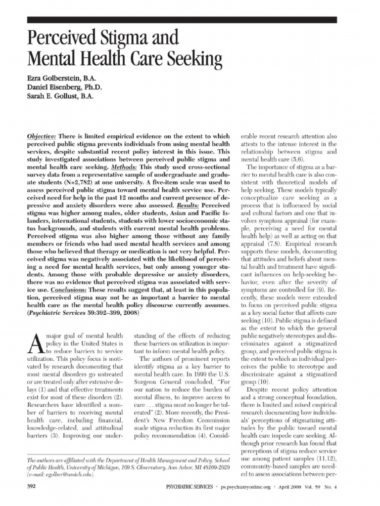 Perceived Stigma and Mental Health Care Seeking | PDF