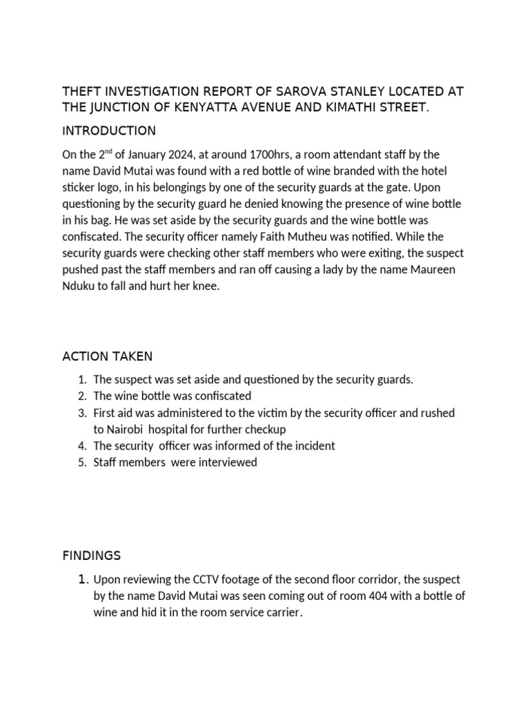 Theft Investigation Report: Sarova Stanley | PDF | Security Guard ...
