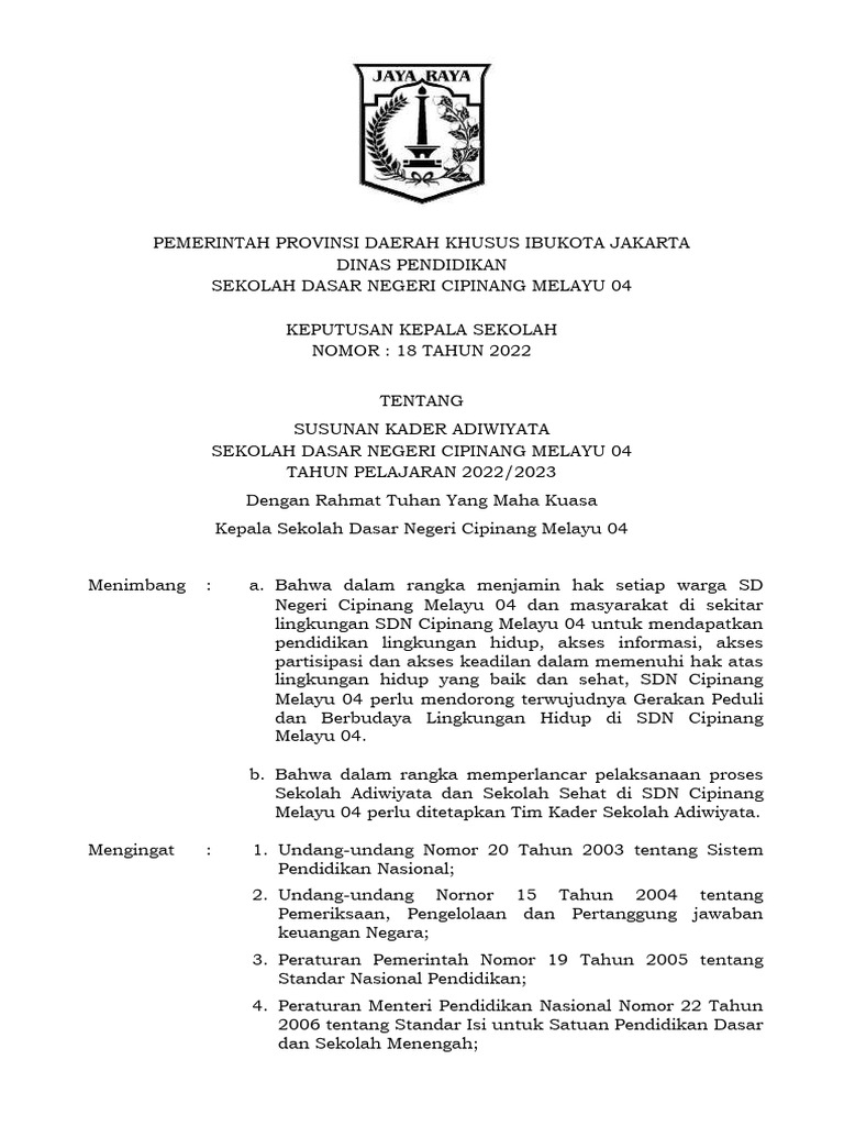 18 Tahun 2022 - SK Kader Adiwiyata | PDF