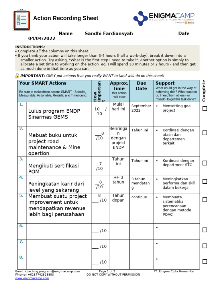 Client Action Sheet Goal Motivator | PDF