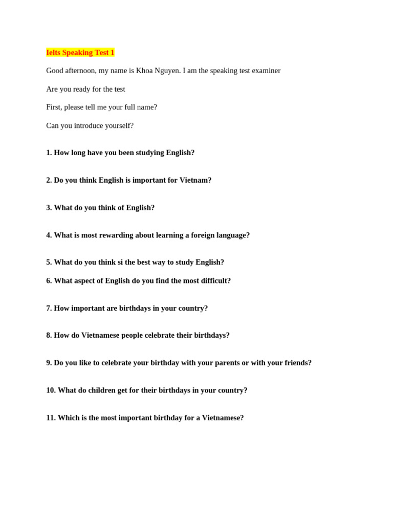 01a. Ielts Speaking Test 1 | PDF