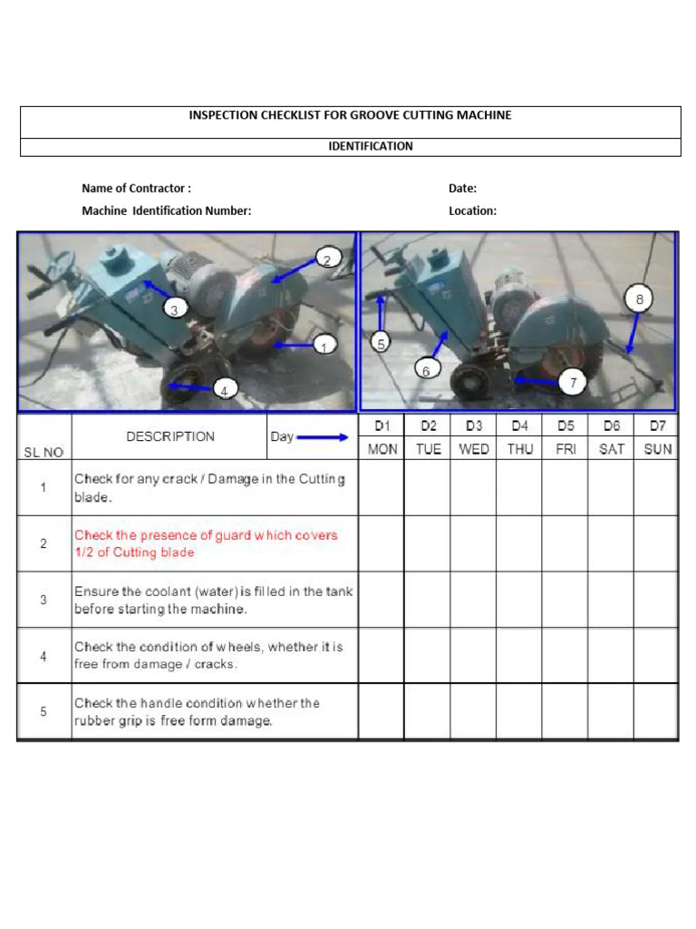 Groove Cutting Machine Inspection Checklist | PDF