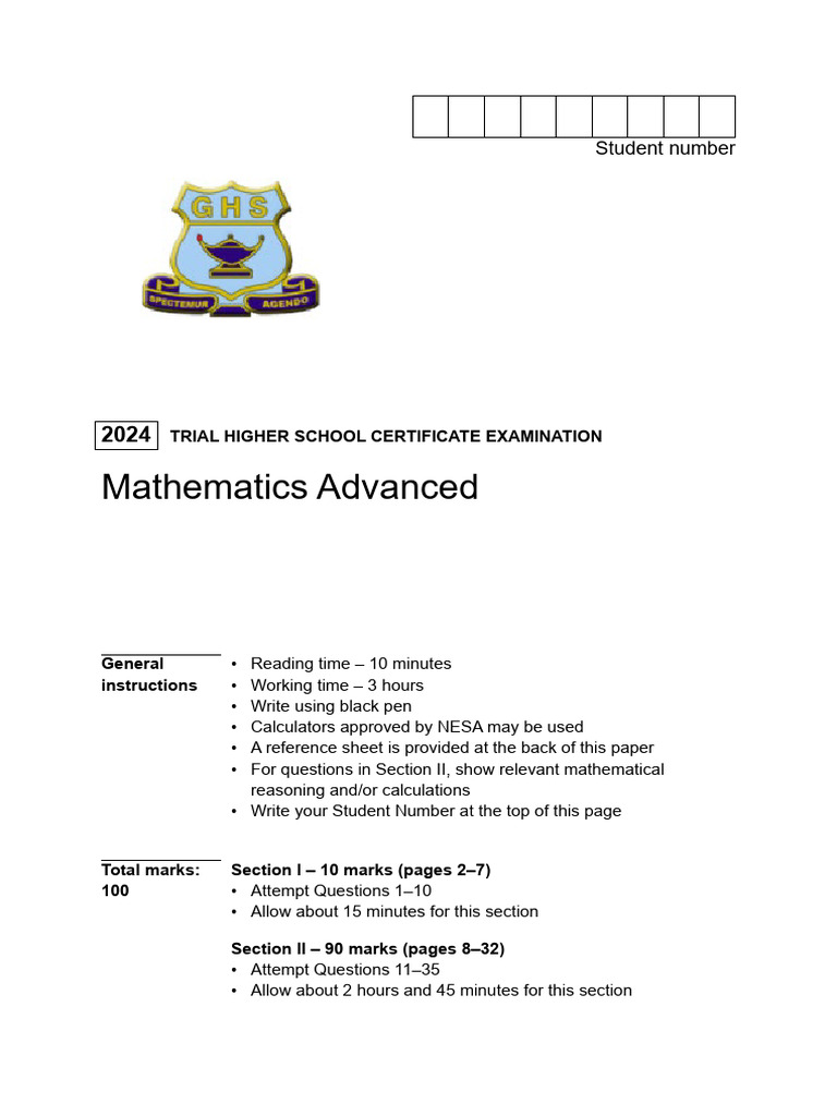 2024 Gosford HS Mathematics Advanced Task 4 (Trial HSC) | PDF
