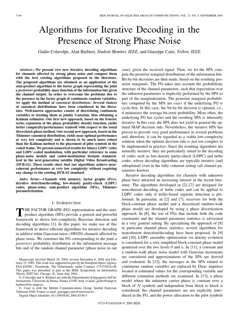 Ref 230 43 Algorithms For Iterative Decoding In The Presence Of Strong Phase Noise Pdf Low 