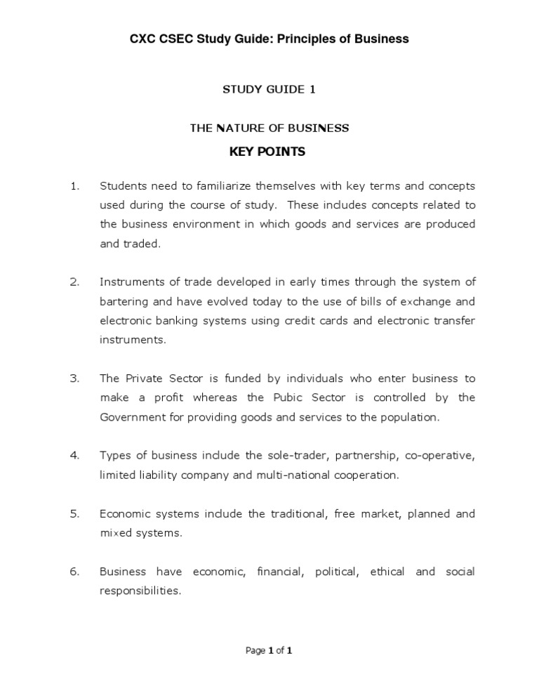 CXC CSEC POB Study Guide 1H Key Unit Points