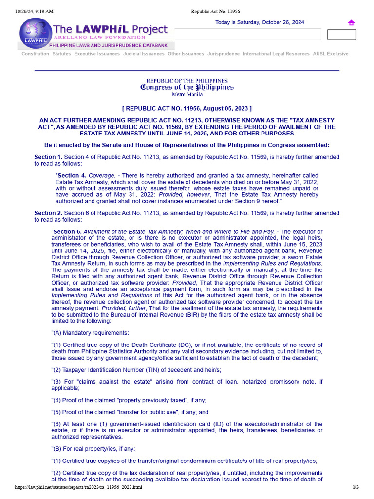 Republic Act No. 11956 | PDF | Taxes | Estate Tax In The United States