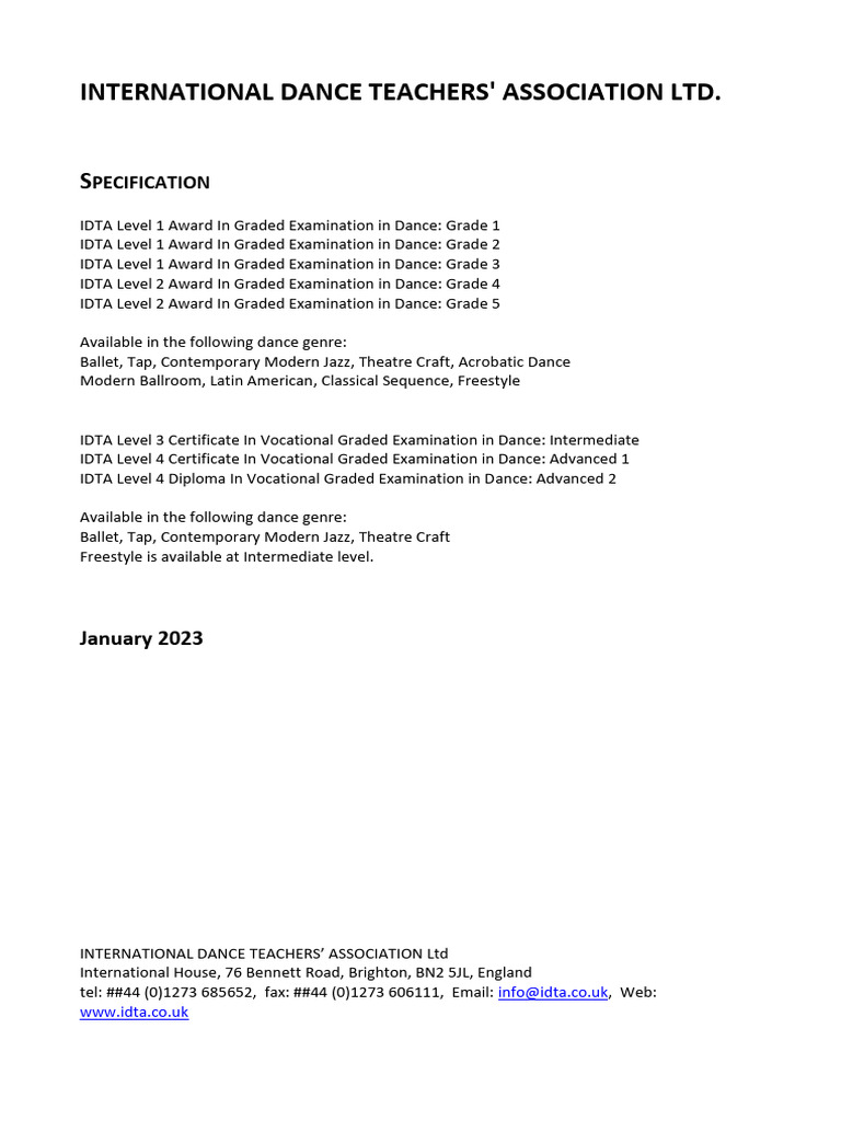 IDTA Graded Examination Overview 2023 | PDF | Dances | Learning