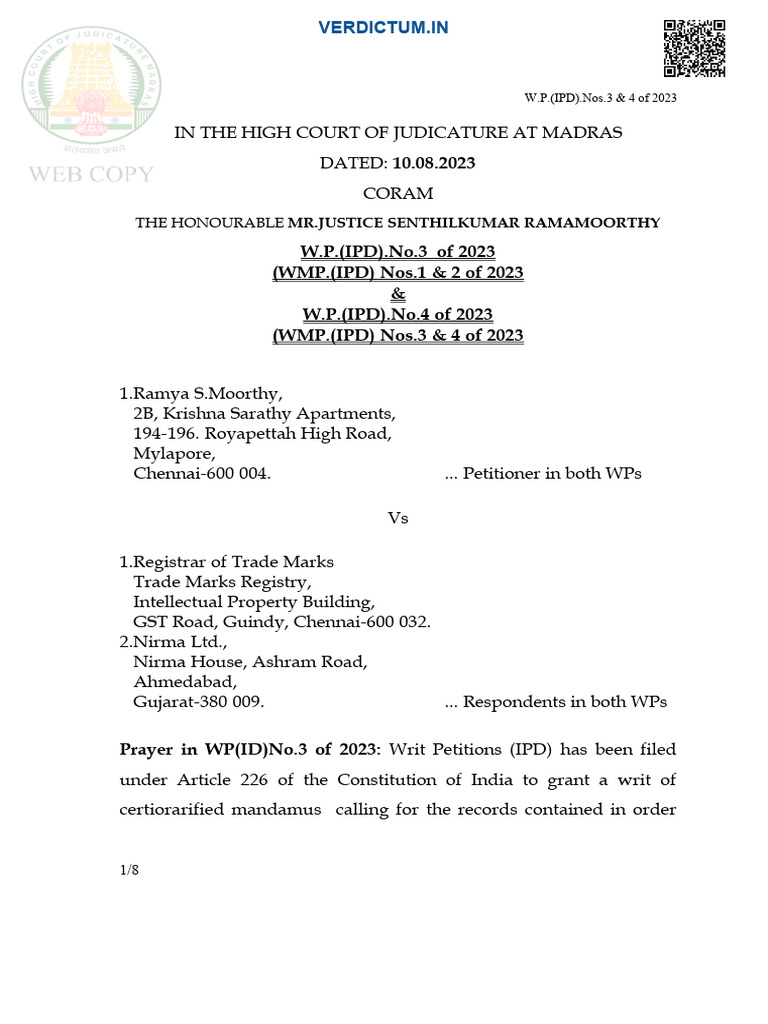 Ramya S Moorthy V Registrar of Trademarks 1533986 | PDF | Mandamus | Writ