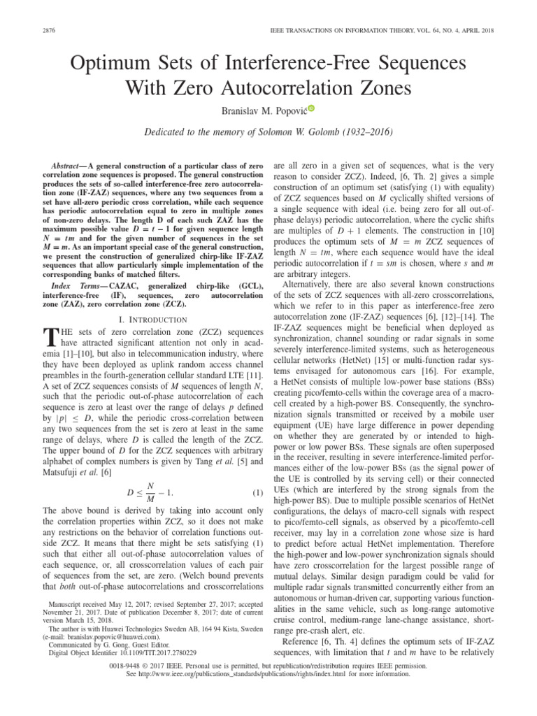 Ref 230 23 Optimum Sets of Interference-Free Sequences With Zero Autocorrelation Zones | PDF ...