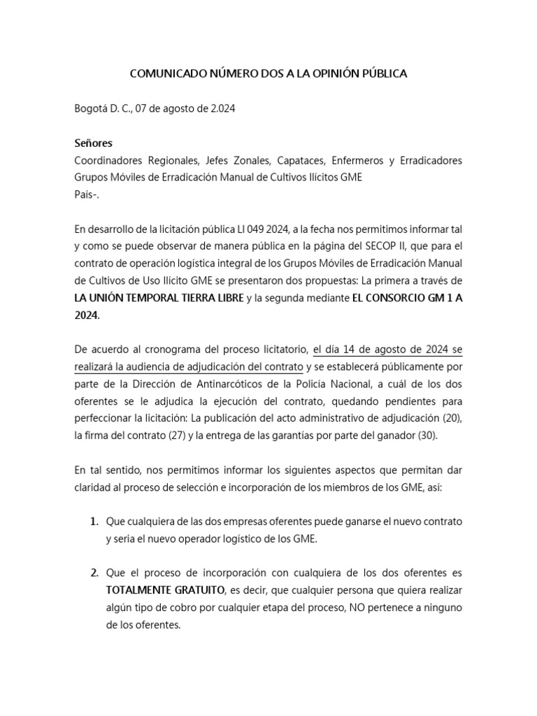 Comunicado No. 2 A La Opinión Pública | PDF