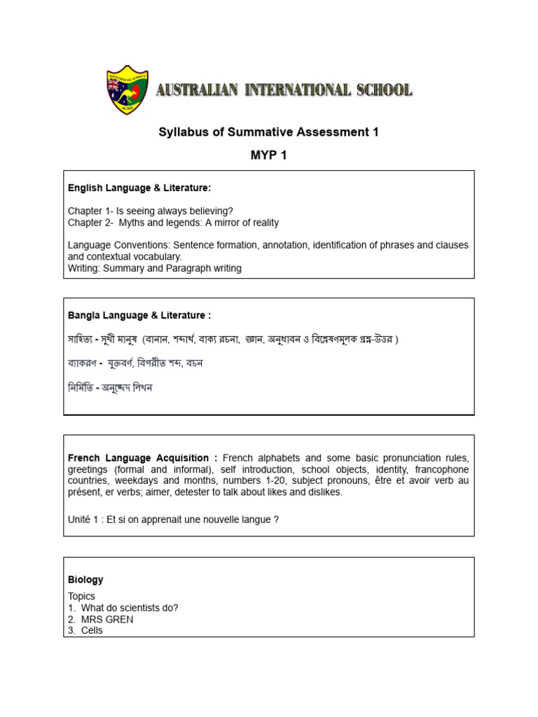 MYP 1 Summative Assessment Syllabus T1 | PDF | Swimming
