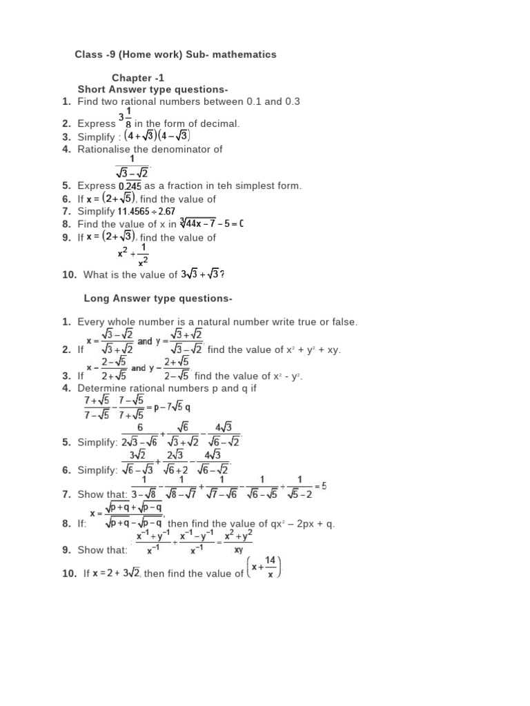 Class 9-10 Mathematics Homework Guide | PDF | Polynomial | Numbers