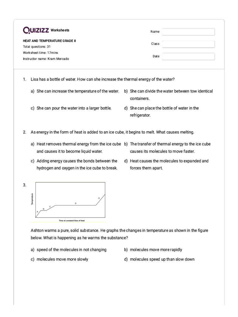 Grade 8 Heat and Temperature Worksheet | PDF | Phase (Matter) | Liquids