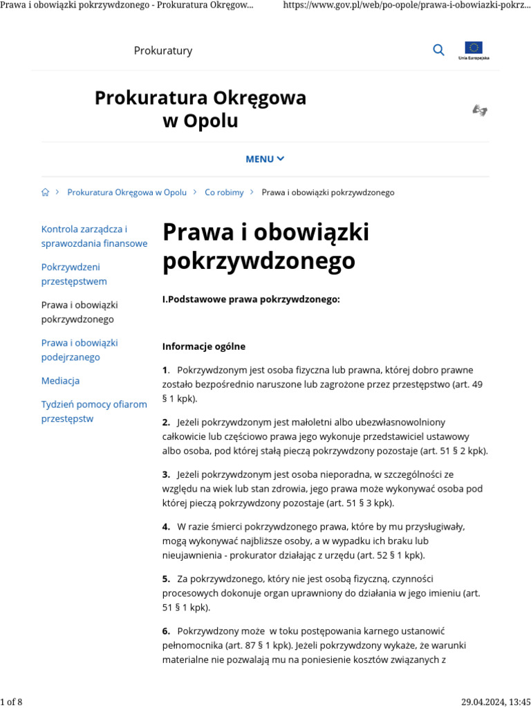 Prawa I Obowiązki Pokrzywdzonego - Prokuratura Okręgowa W Opolu - Portal Gov - PL | PDF