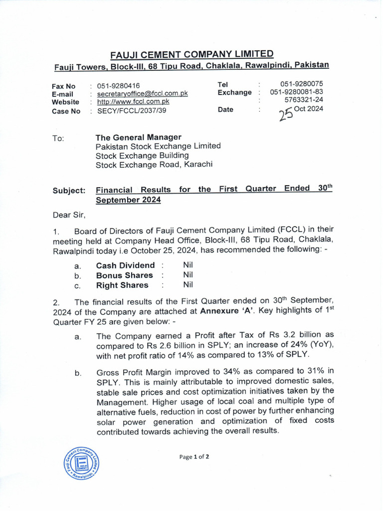 FCCL-Financial Results For The Quarter Ended 2024-09-30 | PDF