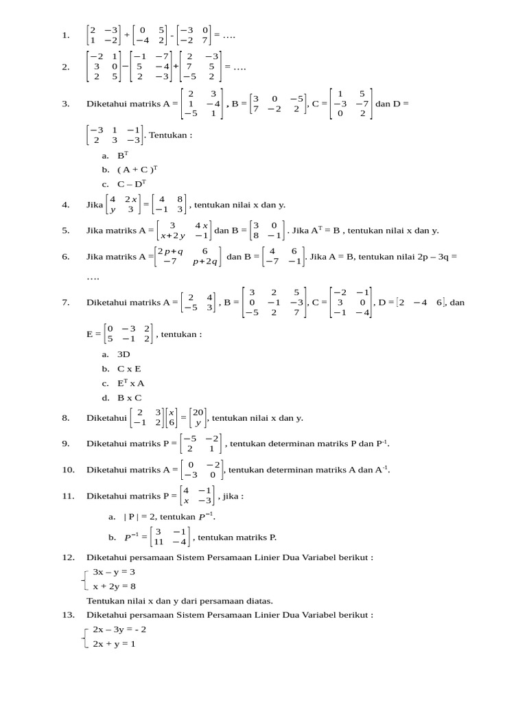 LATIHAN SOAL MATRIKS KELAS XI ( LES ) | PDF