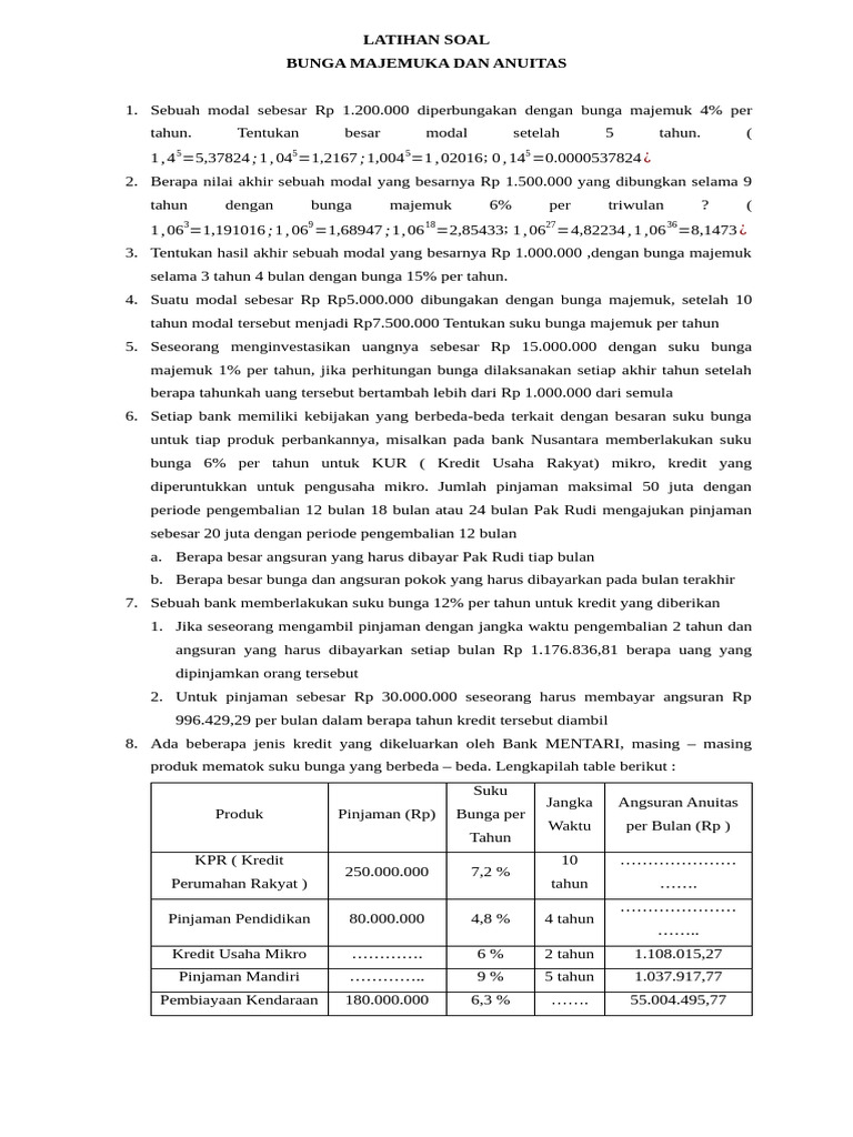 Latihan Soal Bunga Majemuk Kelas Xi (Les) | PDF