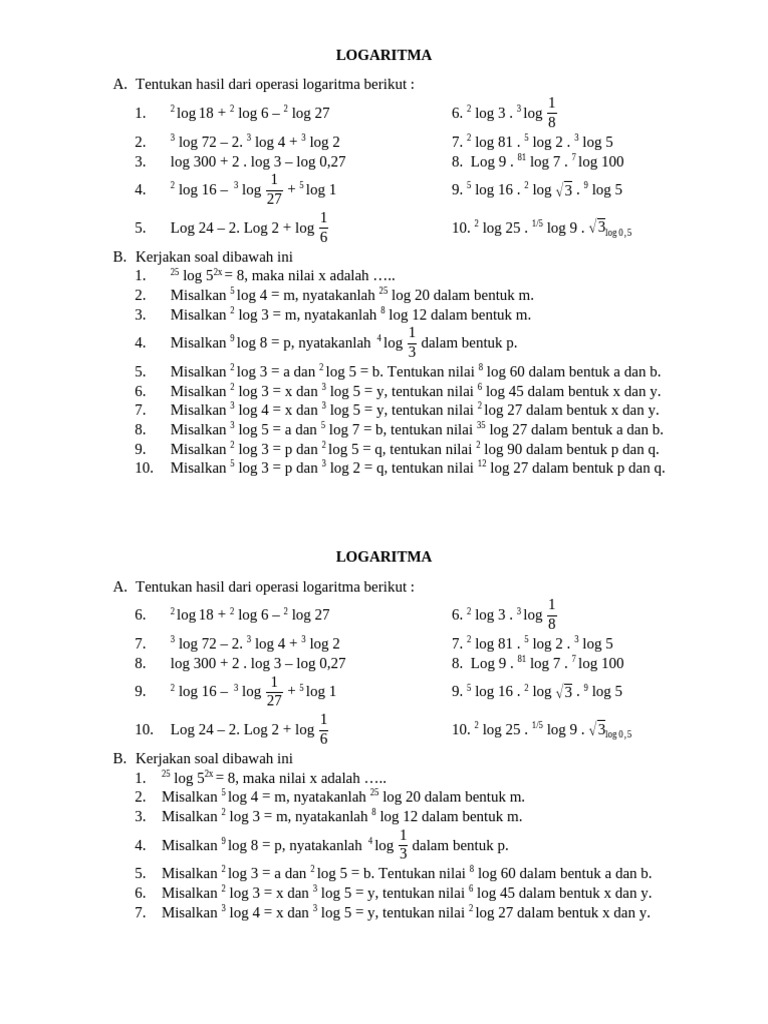 Contoh Soal Logaritma Kelas 10 | PDF | Metode & Bahan Ajar