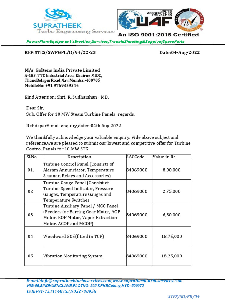Offer For 10 MW Panels | PDF | Rotating Machines | Mechanical Engineering